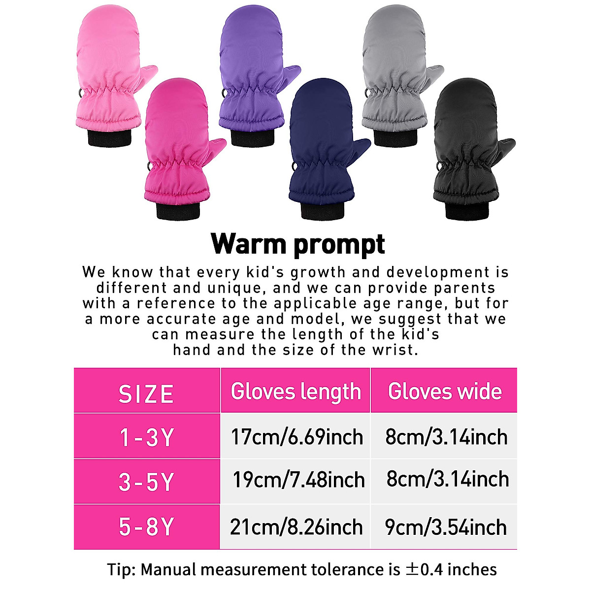 6 Pairs Waterproof Gloves Kids Winter Snow Mittens Windproof Ski Gloves for Weather Children Outdoor Activities (Solid Colors,5-8 Years)