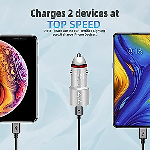 Wyssay Fast Mini Charger,36W Metal Car Charger Adapter, Dual Port USB Automobile Chargers Compatible with iPhone 13 12 11 Pro Max 8 Plus 7 6s, Samsung Galaxy S21/10/9/8/7,iPad (Sliver-2QC3.0)