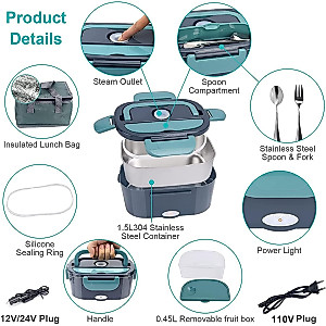 Electric Lunch Box Food Heating Box, 60W Portable Heated Lunchbox 3 in 1 for Car Truck Office 12V/24V/110V, Self Heating Lunch Box for Adult with 1.5L 304 SS Container Thermos bag