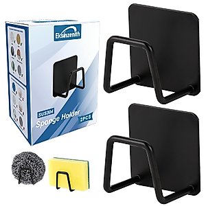 Eksinzenith 2Pcs Sponge Holder for Kitchen Sink, Strong Adhesive Sponge Holder for Sink Counter, Dish Sponge and Brush Organization Holder, Premium SUS304 Stainless Steel Rust Proof Waterproof-Black
