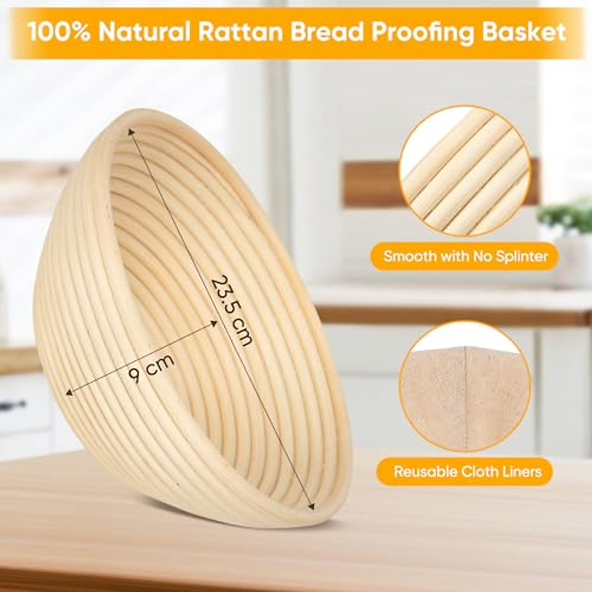JAOBHAHY Sourdough Bread Baking Supplies, 2 PCS 9" banneton Bread Proofing Baskets, 34 OZ Starter Jar, Linen Liner, Bowl Scraper, Dough Cutte, Bread lame, Temperature Stickers,Perfect Bread Making Kit