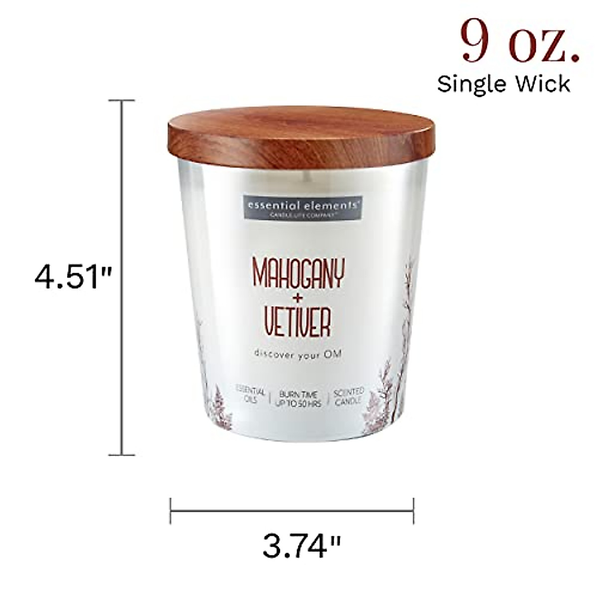 Essential Elements by Candle-lite Scented Candles, Mahogany & Vetiver Fragrance, One 9 oz. Single-Wick Aromatherapy Candle with 50 Hours of Burn Time, Off-White Color