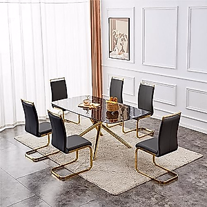 Baysitone Rectangular Glass Dining Table Set for 6, 71 inch Black Marble Polishing Dining Table with 4 Golden Coated Metal Legs, PU Faux Leather Chairs with Golden Metal Legs for Kitchen, Dark Gray