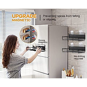 Trouwids Magnetic Spice Rack for Refrigerator, 4 Pack Magnetic Shelf Spice Rack Organizer, Metal Magnetic Fridge Shelf with 8 Hooks for Kitchen Fridge Magnet Organizer for Spice Storage (4 Pack, Black)