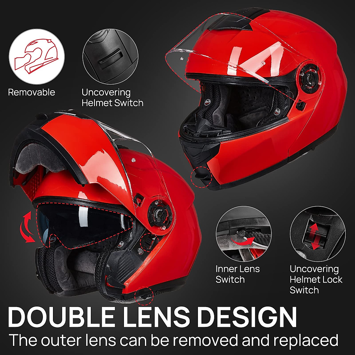 ILM Adult Motorcycle Modular Full Face Helmet Flip up Dual Visor DOT Approved Model 159(Red,X-Large)