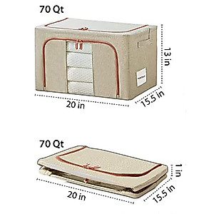 2 pack 66L foldable stackable storage box, steel frame clothes bag, bedroom container with 2 clear windows, 3 steel frames, 2 zippers, 2 reinforced handles ,thick linen fabric, waterproof,(2X66L, beige) for closet, comforters, blankets, bedding, quilt.