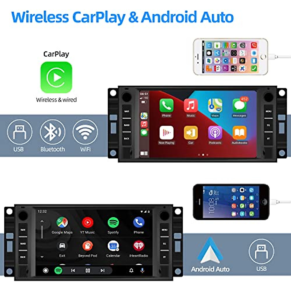 Wireless Carplay Car Stereo for Jeep Wrangler Dodge Chevrolet Chrysler, 7 Inch Touchscreen Android Car Radio with Bluetooth, Backup Camera, GPS Navigation, WiFi, FM RDS Radio, USB, Mic, Mirror Link