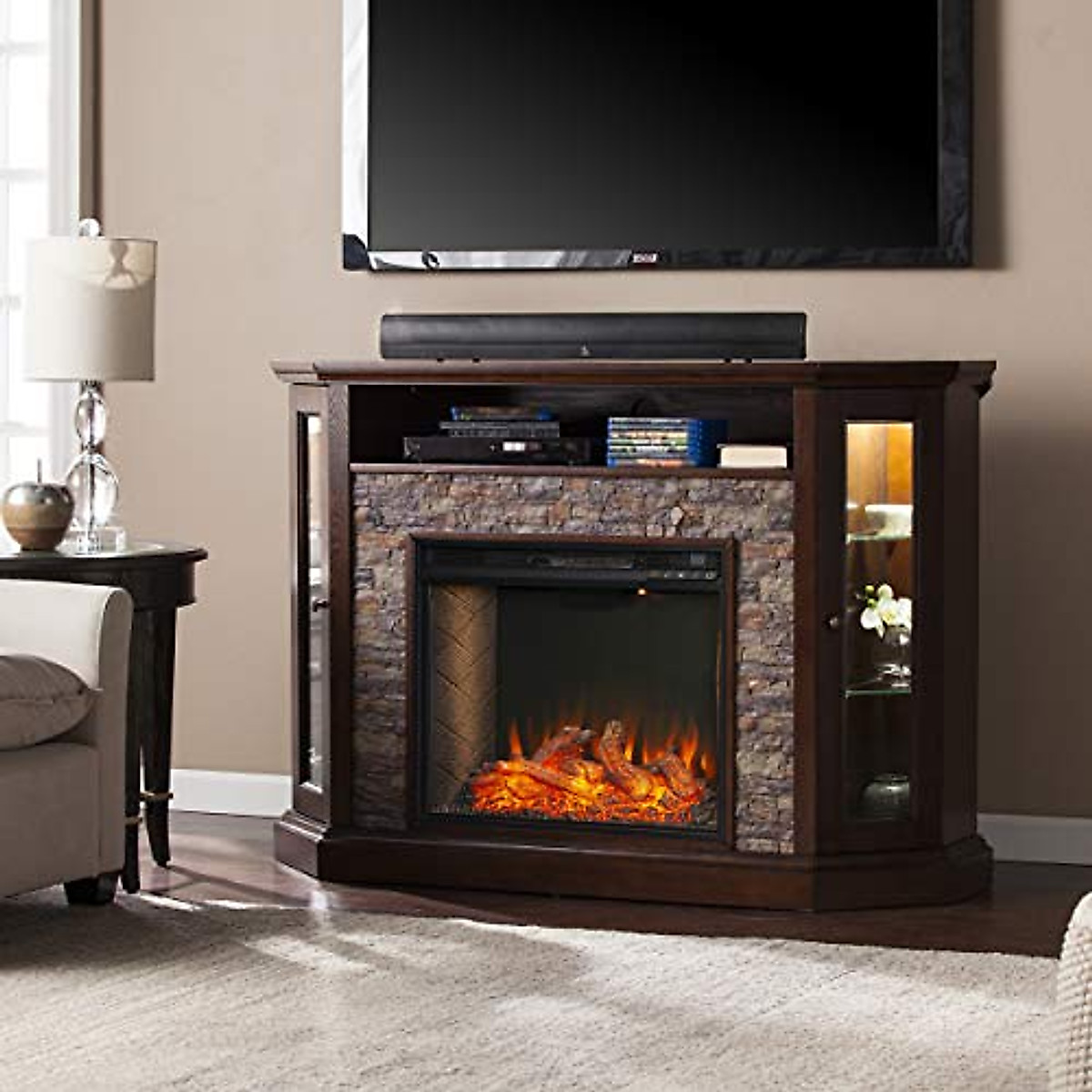 SEI Furniture Redden Faux Stone Convertible Alexa-Enabled Electric Media Storage Corner Fireplace, Espresso