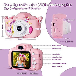 KIZJORYA Kids Camera, 2024 Upgraded 48MP HD Digital Selfie Camera Toys for Kids 3-12, Christmas Birthday Gift for Girls Boys with Unicorn Cover, Children Portable Video Camera for Toddlers-32GB(Pink)