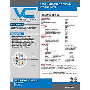 Vertical Cable Cat6, 550 MHz, UTP, 23AWG, Solid Bare Copper,1000ft, Bulk Ethernet Cable - 060 Series, Blue