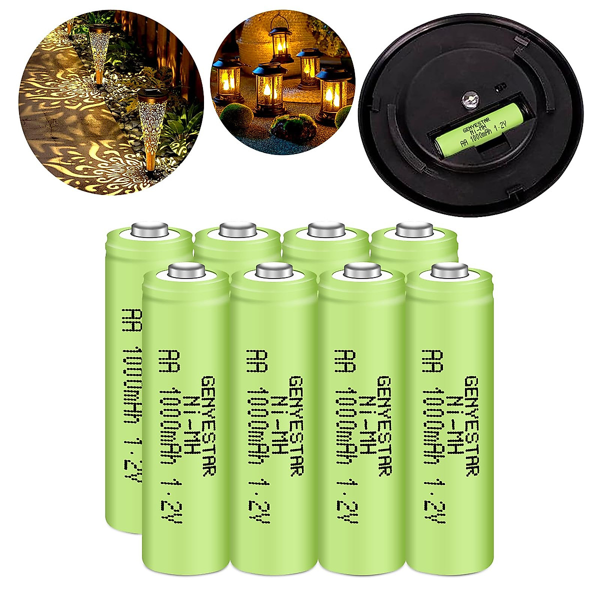 GENYESTAR Solar Lights AA Rechargeable Batteries 1000mah High Capacity 1.2V Ni-MH AA Battery for Outdoor Lights, String Lights, TV Remotes, Wireless Mouses, Flashlight, 8 Pack