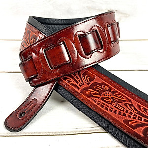 Walker & Williams GB-106 Bourbon Red Brushed Finish Guitar Strap With Padded Glove Leather Back And Classic Live Oak Pattern For Acoustic, Electric, And Bass Guitars
