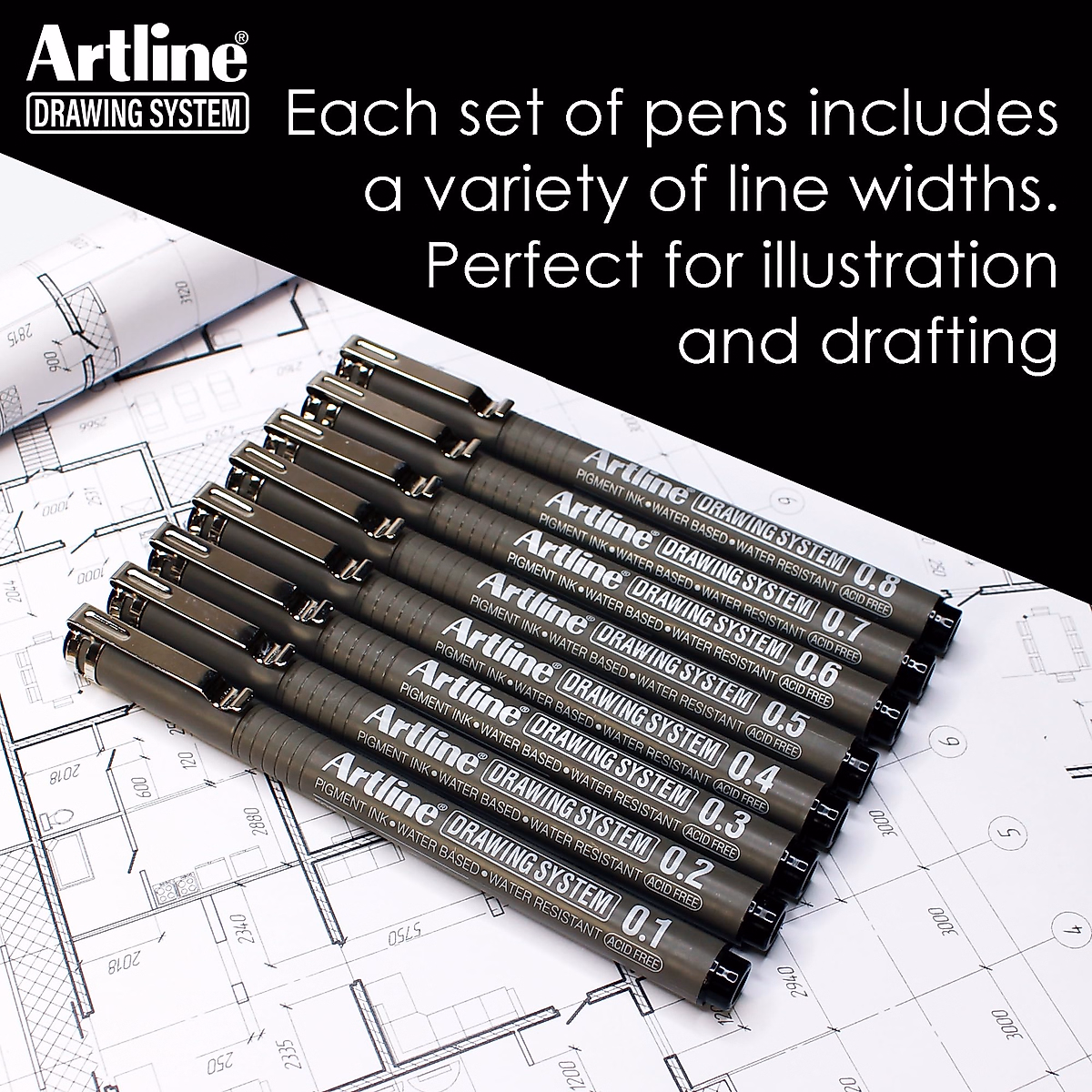 Artline 230 Drawing System Pens, Technical Drawing Pens For Drafting, Illustrating, and More, 0.1mm, 0.2mm, 0.3mm, 0.4mm, 0.5mm, and 0.8mm Fine Tips - Black, 6-Pack