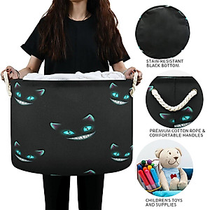 Kigai Cheshire Cat Texture Large Round Storage Basket with Handle, Collapsible Decorative Laundry Baskets for Blanket, Cotton Rope Organizer Toys Towels Nursery Hamper Bin, 20" x 14"