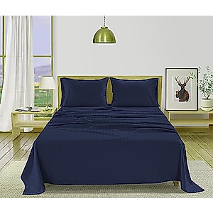 100% Egyption Cotton Queen Size Solid Sheet Set & Striped Sheets Set of 2 Combo- 800 Thread Count Sateen Weave Queen Size Solid Sheets & Striped Sheets, Deep Pocket Cotton Bedsheets - Dark Denim