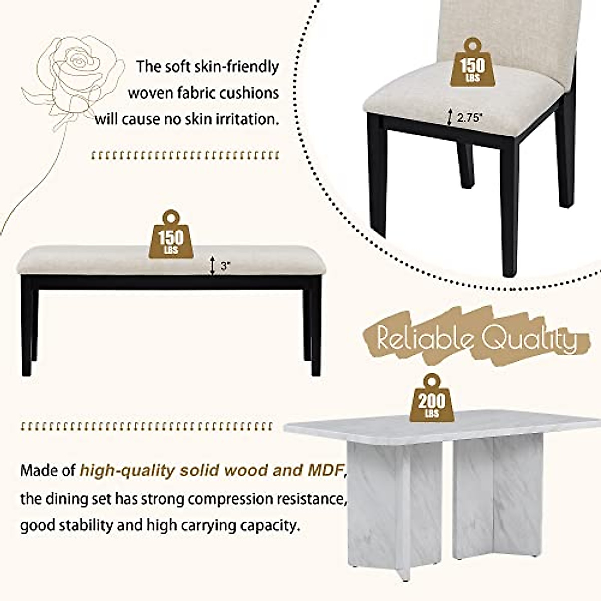 Goozio 6-Piece Dining Table Set, Modern Style Kitchen Dining Table Set with Faux Marble Table and 4 Upholstered Dining Chairs & 1 Bench, Dining Room Set for 6 Persons,White