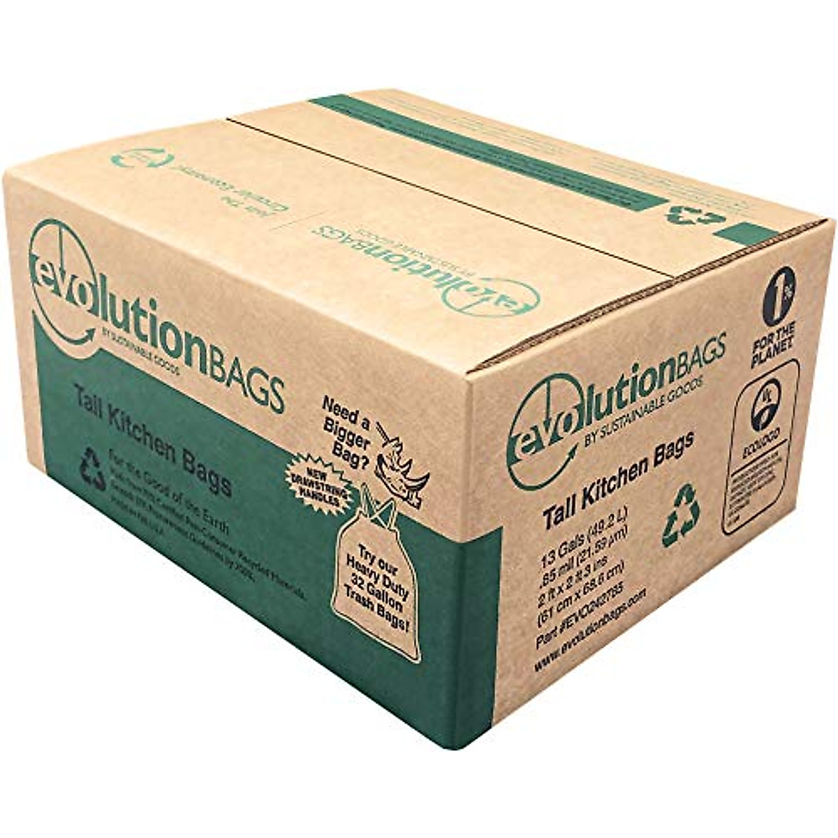 **NEW** Evolution Trash Bag Tall Kitchen DRAWSTRING, 100 bags/box, made with 70% CERTIFIED PCR material