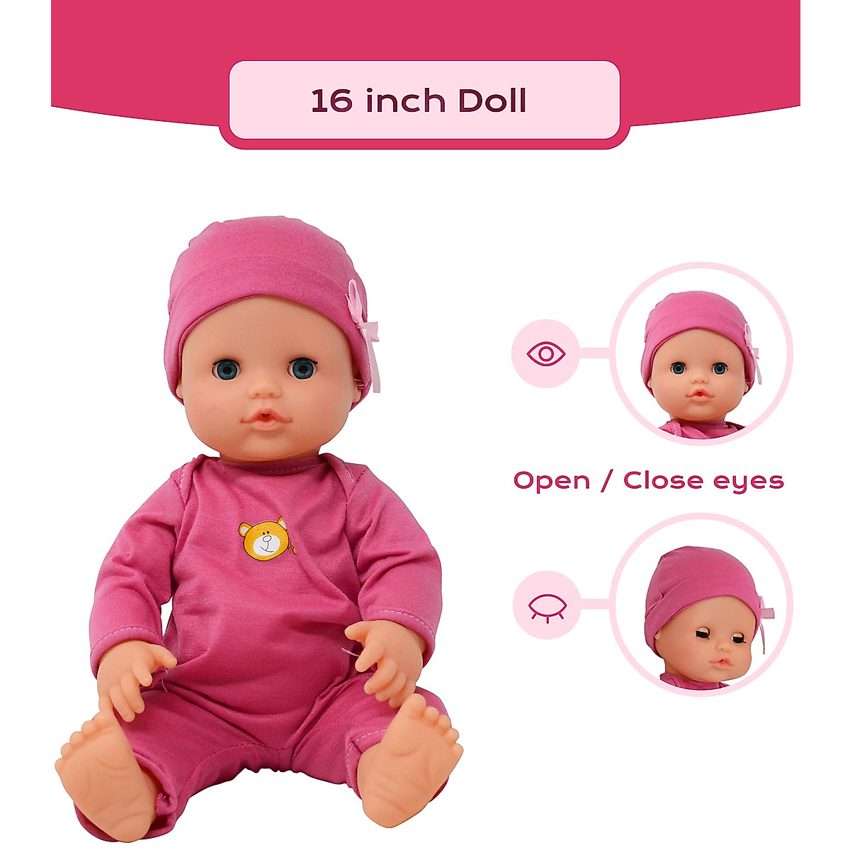 Interactive 16” Baby Doll Toy Doctor Kit with Light Up Heartbeat Sound Stethoscope, Pretend Role Play Accessories Set - Medical Checkup Playset Gift Pack for Kids, Girl Toddler – Pink, (16 Inch)