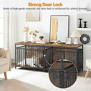 HOOBRO Dog Crate Furniture, 62.9" Dog Kennel Indoor End Table with Removable Divider, Three Doors Wooden Cage for Large/Medium/Small Dog, Heavy-Duty Chew-Resistant, Rustic Brown and Black BF160GW03