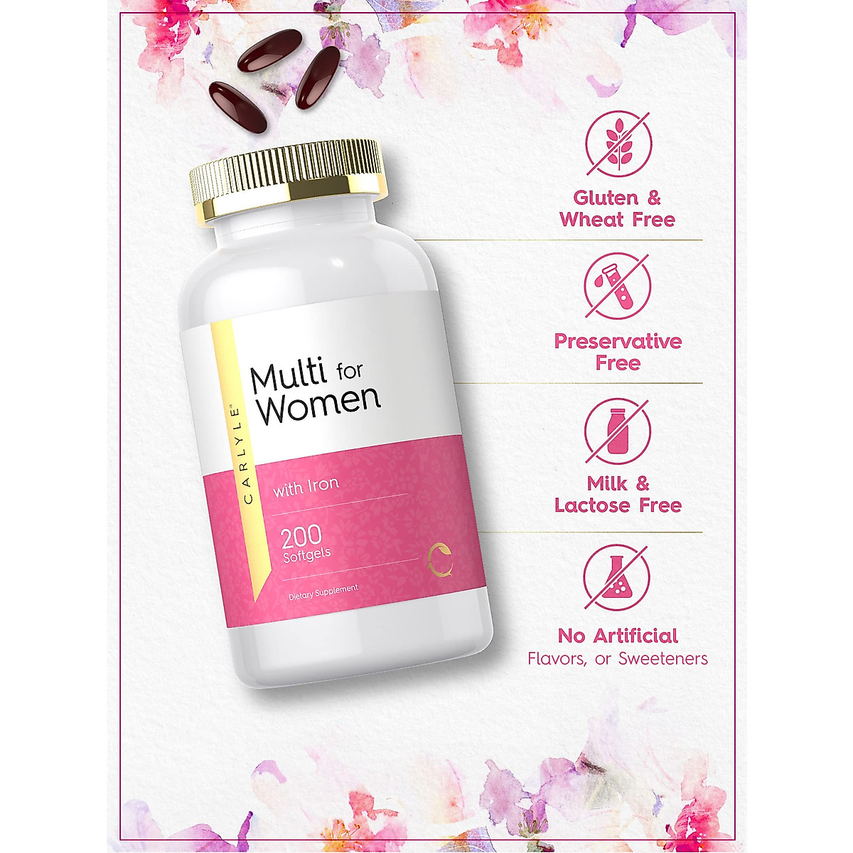 Carlyle Multivitamin for Women with Iron | 200 Softgel Capsules | Nutritional Support Supplement | Non-GMO, Gluten Free