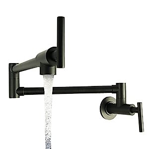 Black Pot Filler Faucet Commercial, Wall Mount Brass Faucet Kitchen Double Joint Spout Swing Arm Folding Stretchable Single Hole Two Handles for Hot or Cold Water