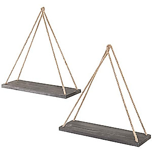 MyGift 17-inch Dark Gray Wood Hanging Rope Swing Shelves, Set of 2