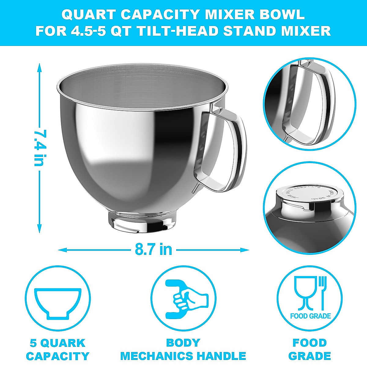 Stainless Steel Bowl for KitchenAid 4.5-5QT Tilt-Head Mixer with Pouring Shield, Mixing Bowl for Kitchenaid Stand Mixer, Metal Mixing Bowls Stainless Steel by Hozodo