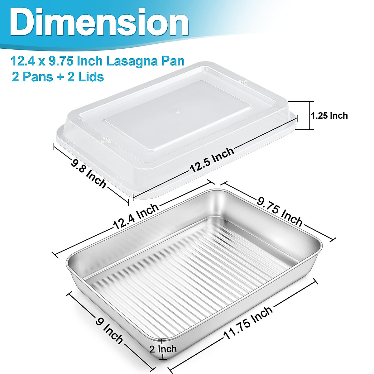 TeamFar Lasagna Pan, 12.4 Inch Stainless Steel Rectangular Textured Baking Pan with Lid, Corrugated Bottom & Deep Side, Non-Toxic & Heavy Duty, Dishwasher Safe - (2 Pans + 2 Lids）