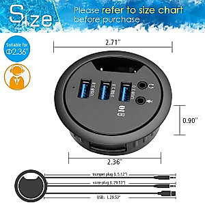 WDX Grommet Hole in Desk USB 3.0 3 Port Hub BC 1.2 USB Charger with 3.5mm Sound Card Mic Phone Jack, 5V/2A Power Adapter for iPhone/Smart Phones(AC Power Supply Included)