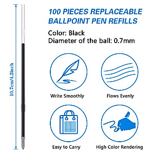 100 Pieces Ink Pen Refills Replaceable Ballpoint Pen Refills Black Ink Refills 0.7mm Smooth Writing Pen Refills for Retractable Pens Office School Supplies (Black)