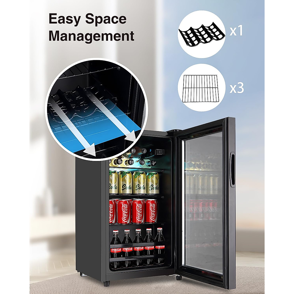 EUASOO FLB-60 Refrigerator Cooler-120 Can Freestanding Beverage Cooler with Glass Door-Small Drink Dispenser Machine for Office or Bar with Adjustable Removable Shelves, Black