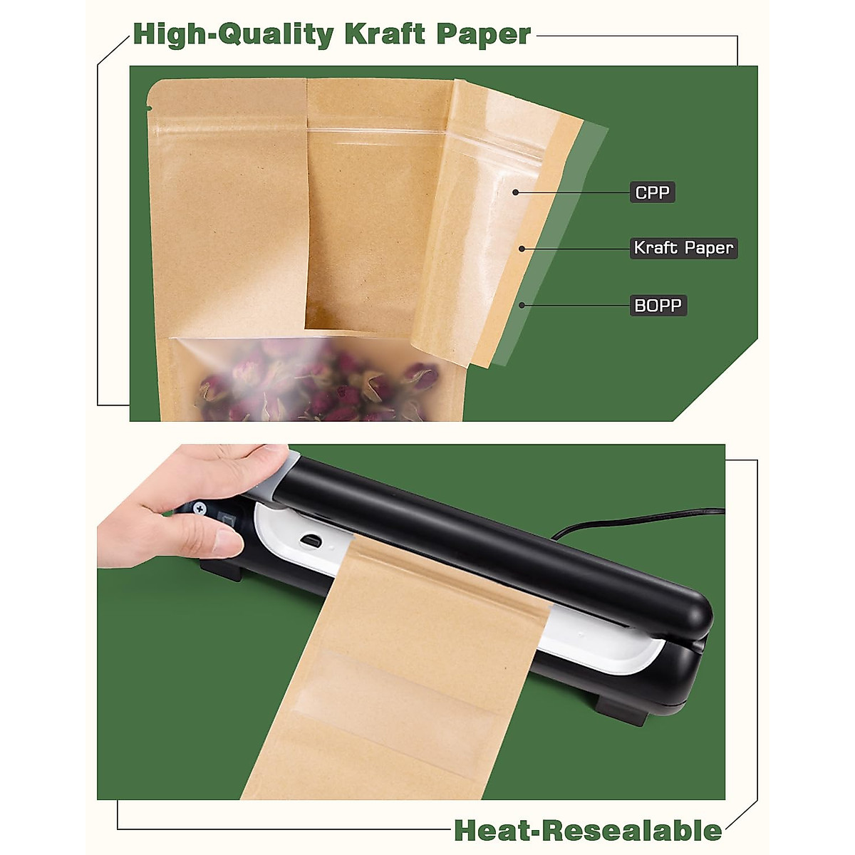 Food Storage Bags 140 Packs Resealable Bags Kraft Paper Bags Coffee Bags Packaging Bags with Window Stand Up Pouches Bags for Small Business Christmas(5.9x8.6 Inches)