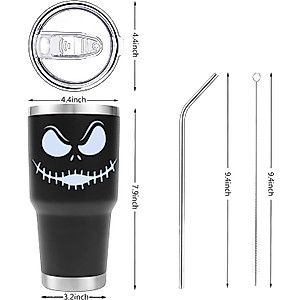 Stainless Steel Three-layer Insulation Cute jack skellington cup 30 oz tumbler with Lid and Straws travel mugs funny coffee tea cups for MenWomen boyfriend gifts (Black)