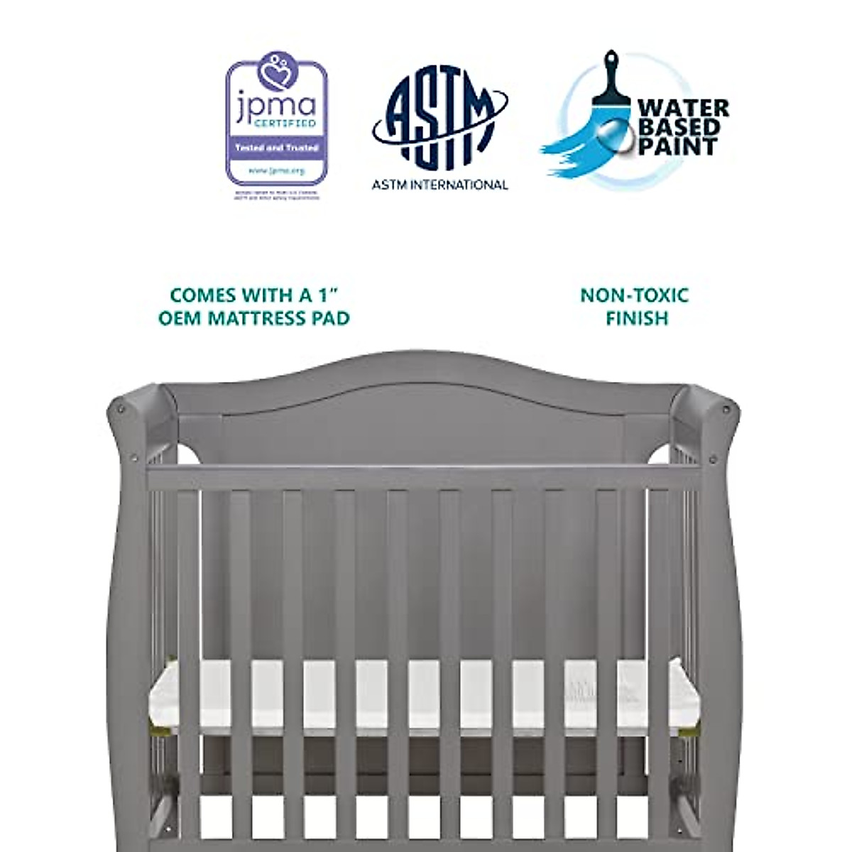 Dream On Me Addison Full Panel 4-in-1 Convertible Mini Crib in Storm Grey, JPMA Certified Baby Crib, Non-Toxic Finish, New Zealand Pinewood, Low to Floor Design