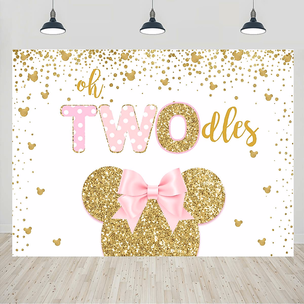 Cartoon Pink Golden Mouse 2nd Birthday Backdrop for Girls Oh Twodles Mouse Happy 2nd Birthday Party Decorations Girl Princess Birthday Party Banner Cake Table Decor 5x3ft