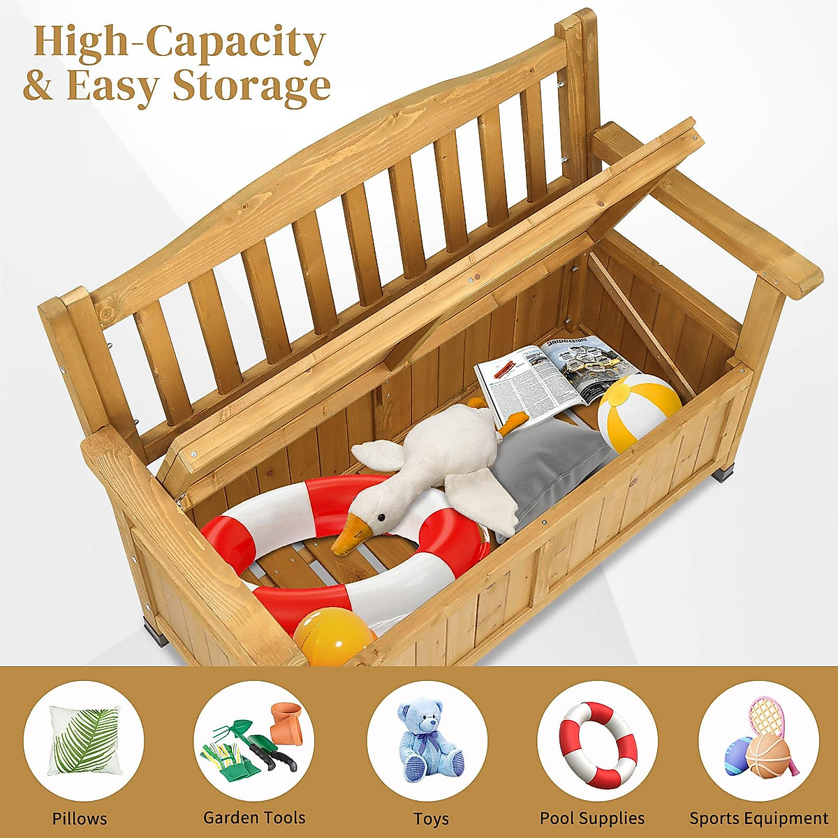 Cedar Wood Deck Box Bench, Storage Box with Backrest Armrest, All-Weather Yard Container Furniture for Tools, Toys, Outdoor Storage Bench Deck Box w/Seat for Backyard, Porch, Patio (Bright Yellow)