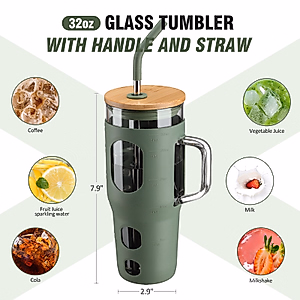 WINSA 32 oz Glass Tumbler with Lid and Straw,Glass Water Bottles with Handle,Glass Cup with Time Marker and Silicone Sleeve, Fits in Cup Holder BPA Free-Olive