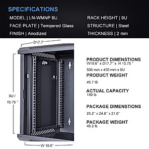 KENUCO 9U Wall Mount Rack Server Cabinet Data Network Enclosure 19-Inch Server Network Rack with Locking Glass Door 16-Inches Deep (Black 9U)
