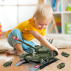 CUTE STONE Military Vehicles Set, Tank Toy Set with Realistic Light and Sound, Rotating Turret and Missile, 4 Pack Assorted Alloy Army Vehicles, Great Military Toy for Kids Boys