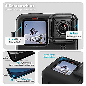 FitStill Silicone Rubber Case+2-Pack (6pcs) Tempered Glass Protector Compatible for Go Pro Hero11 / Hero10 / Hero9 Black,Soft Sleeve Cage Housing with Lens Cover Cap Lanyard Accessories Bundle Kit
