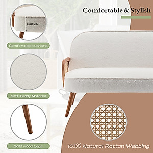 Aklaus 45" W Small Loveseat with Natural Rattan Arms,Upholstered Modern Mini Sofa Couch Love Seat Settee Bench with Back for Living Room Bedroom Office Small Space Entryway Teddy White