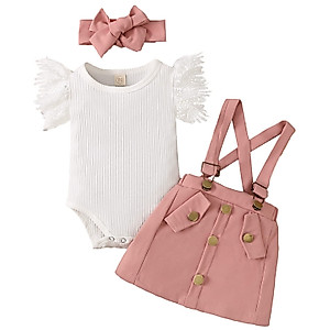 Voonlie Baby Girl Clothes Outftts Ruffle Short Sleeve Ribbed Romper+Suspender Skirt + Headband Summer Clothing Set