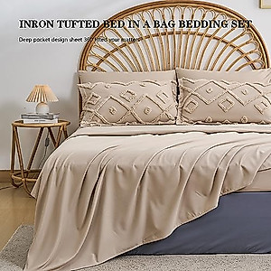 inron Khaki Queen Comforter Set Tufted Bed in a Bag Queen 7 Pieces,Geometry Shabby Chic Boho Comforter and Sheet Set.Jacquard Farmhouse Bedding for All Season(Khaki,90”*90”)