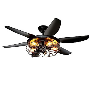 Ohniyou Ceiling Fans with Lights and Remote - 52 Inch Farmhouse Ceiling Fan with Caged Light Fixture - Black Industrial Outdoor Ceiling Fan Lights for Patio, Living Room, Kitchen & Bedroom