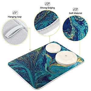 Marble Texture Blue Golden Dish Drying Mat 18x24 Inch Teal Turquoise Marbled Print Kitchen Counter Drying Mat Microfiber Dish Drying Rack Pad Reversible Dish Drainer Mats Washable Heat-Resistant