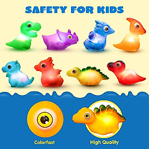 JOYIN 8Pcs Light Up Dinosaur Toys, Baby Bath Toy, Toddler Flashing Colourful LED Bathtub Toy, Bathtime Floating Soft Rubber Toy for Infant Boy Girl Birthday Gift Swimming Pool Party Favors Age 1 2 3