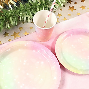 Pastel Birthday Party Supplies Decorations, Rainbow Theme Birthday Paper Plates and Napkins Set with Cups and Straws for 24 Guests, 120 Pcs Disposable Party Dessert Dinnerwares