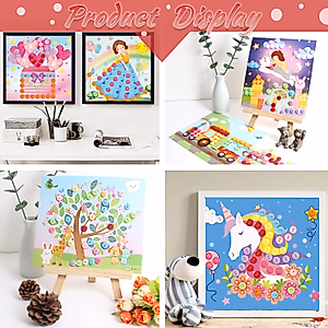 Mosaic Sticker Art Kit for Kids, Colorful Sticky Buttons DIY Handmade Art Kits,Make Your Buttons Art Crafts，for Ages 3-6 Children, Beginner, Boys and Girls-with 1wood Display Easel （8pcs）