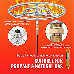 VEVOR 18 inch Round Drop-in Fire Pit Pan, Stainless Steel Fire Pit Burner Kit, Propane Gas Fire Pan with 150,000 BTU for Indoor or Outdoor Use