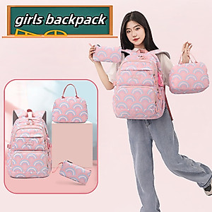 Elementary School Backpack for Girls,Waterproof Student Bookbag with Lunch box and Pencil Case